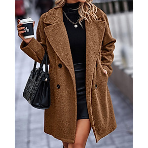 BTFBM Women 2025 Winter Faux Fur Coats Lapel Long Sleeve Fuzzy Fleece Outerwear Button Down Sherpa Jackets Fall Outfits(Solid Golden Camel, Large)