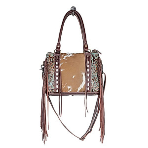 Myra Bag Maia Cowhide Purse - Western Style Purses for Women with Azure Embossed Leather and Brown & White Cowhide Design, Floral Tooled Accents and Fringes, Cow Hide Purse, Cowhide Purses for Women