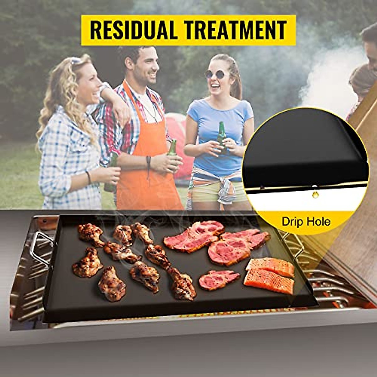 VEVOR Carbon Steel Griddle, Griddle Flat Top Plate, Griddle for BBQ Charcoal/Gas Gril with 2 Handles, Rectangular Flat Top Grill with Extra Drain Hole for Tailgating and Parties (16"x24")