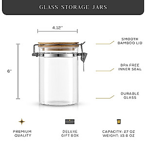 JoyJolt Borosilicate Glass Jars With Bamboo Lids (27oz). 2PC Set of Airtight Storage Jars with Clamp Lids for Pantry Storage. Air Tight Sealable Containers for Kitchen Organization.