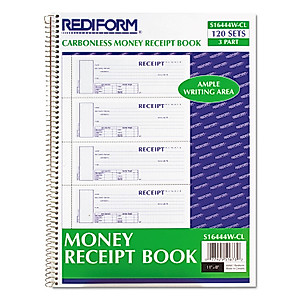 Rediform S16444WCL Spiralbound Unnumbered Money Receipt Book 2 3/4 x 7 Three-Part 120 Sets/Book
