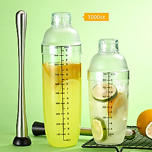 2pcs Plastic Cocktail Shaker, Transparent Drink Mixer Wine Shaker with Scales and Strainer Top for Bar Party Home Use (33oz/1000cc)