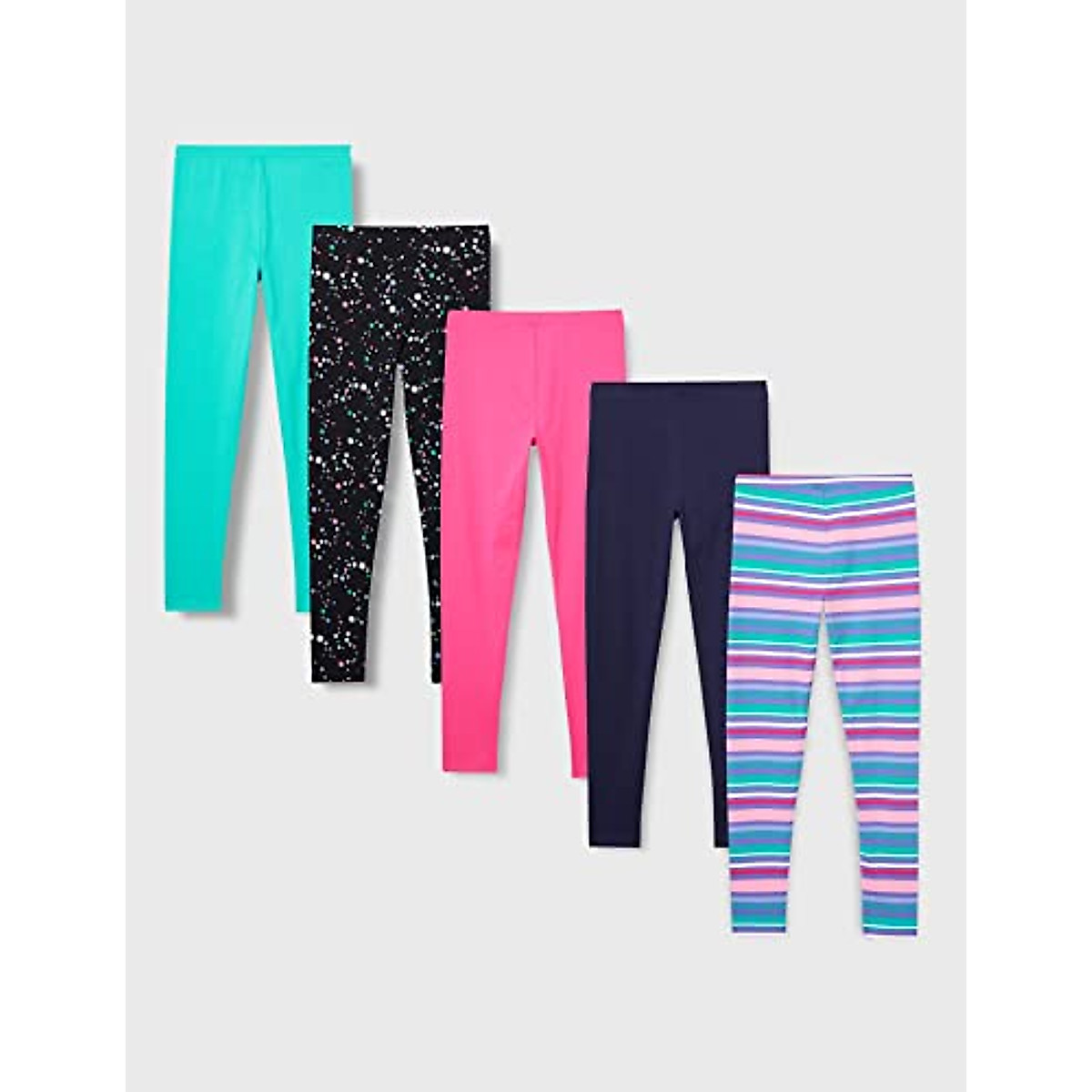 Amazon Essentials Girls' Leggings, Pack of 5, Aqua Green/Black Stars/Navy/Pink/Stripe, Medium