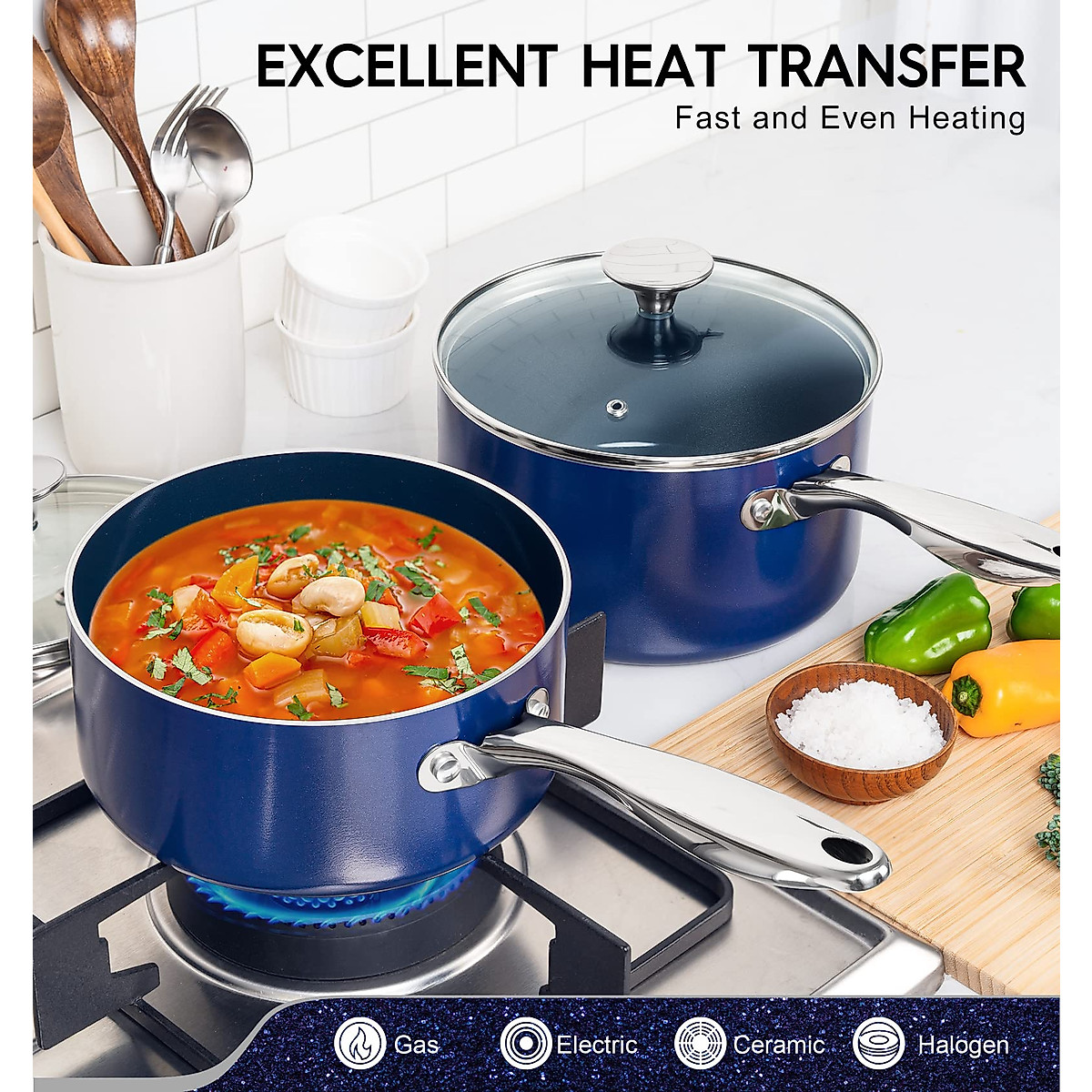 MICHELANGELO Nonstick Sauce Pan, Ceramic Saucepans with Lids, 1Qt & 2Qt & 3Qt Sauce Pan Sets, Nonstick Sauce Pans with Lids, Small Pots with Stainless Steel Handle, Oven Safe, Blue