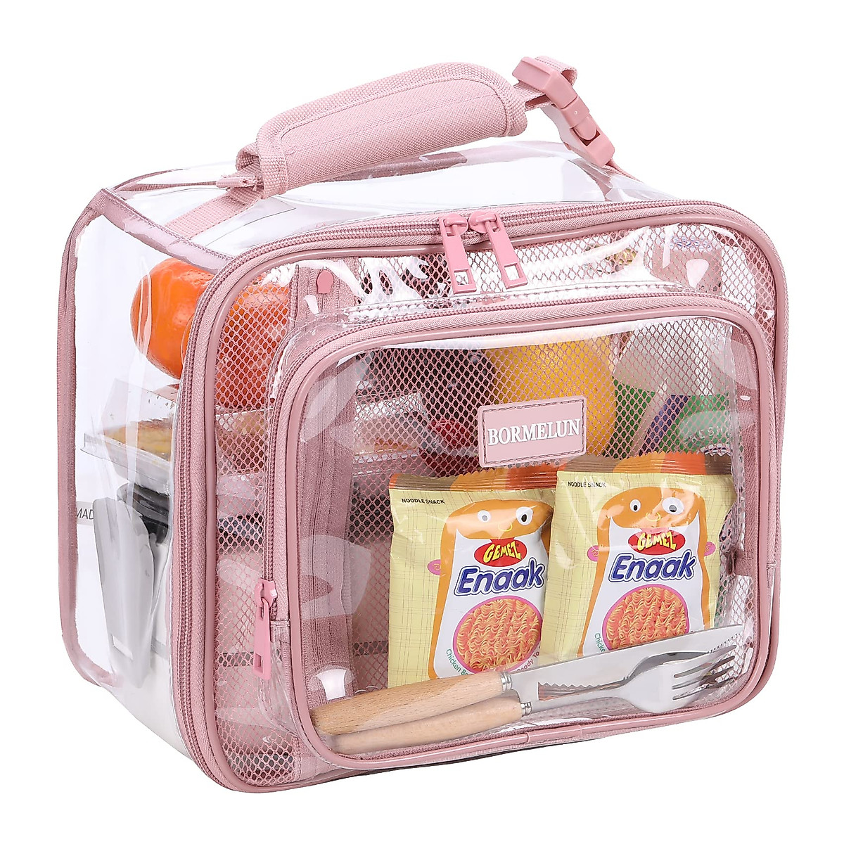 BORMELUN ® Large Pink Clear Lunch Bags for Girls,See Through Plastic Lunch Box，Tote Handle for Women,Office,School Picnic(11x9x6 inches)