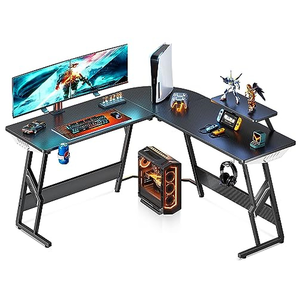 MOTPK L Shaped Gaming Desk, 51 Inch Gaming Computer Desk with Carbon Fiber Texture, Gaming Table with Monitor Stand, Gamer Desk with Cup Holder and Headphone Hook, L Desk for Gaming, Black
