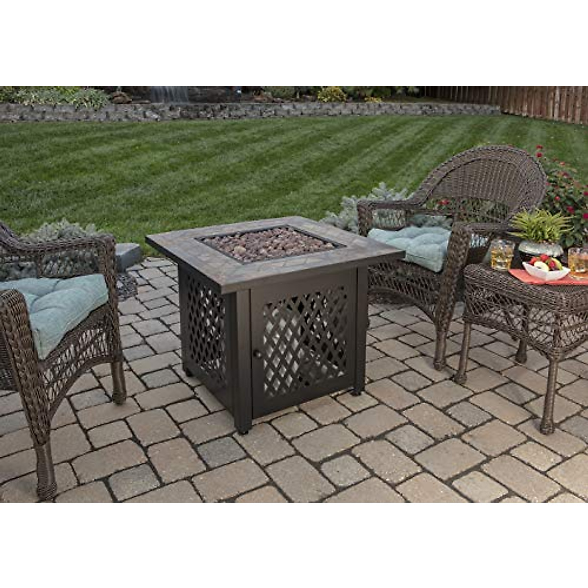 Endless Summer 30 Inch Square 30,000 BTU LP Gas Outdoor Firepit Table with Slate Tile Mantel, Diamond Design Steel Base, Lava Rock, and Cover, Brown
