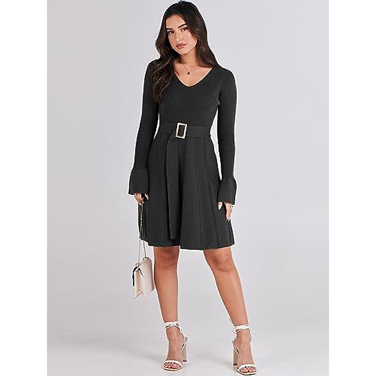 ANRABESS Sweater Dress for Women 2023 Fall Fashion Long Sleeve V Neck Tie Waist A-Line Pleated Swing Sexy Elegant Ribbed Knit Midi Formal Wedding Guest Dresses 1195heise-M Black