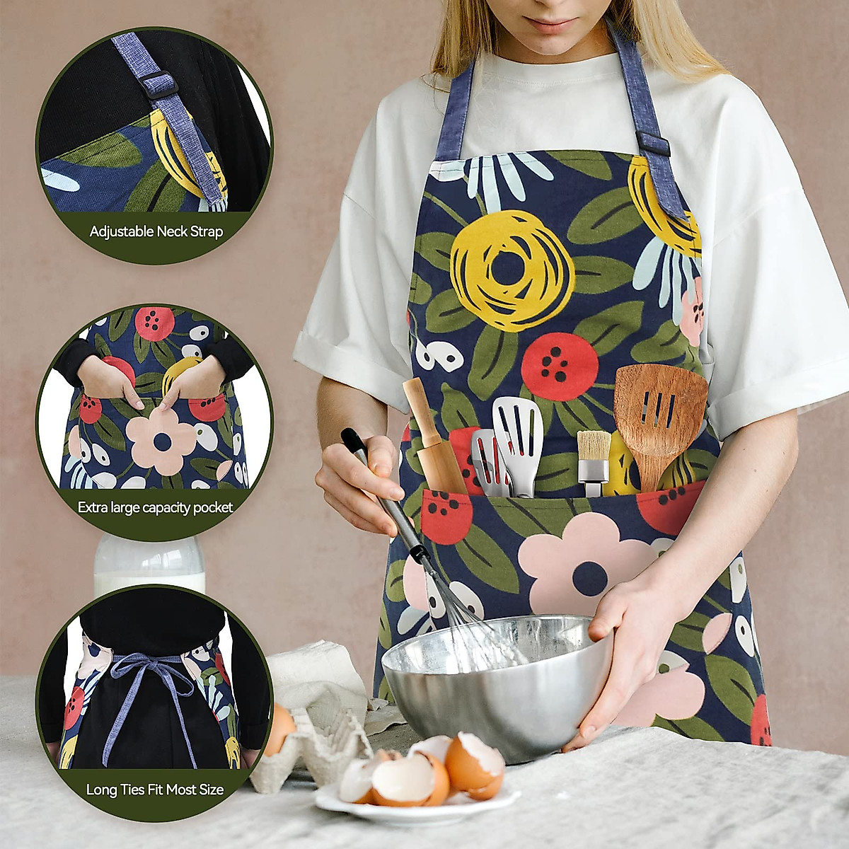 NLUS 2 Pieces Aprons for Women with Pockets, Adjustable Floral Kitchen Apron with Long Ties for Cooking, Drawing, Crafting(Black/Blue)