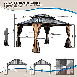 Jaxenor Outdoor Cedar Wood Frame Canopy - 12'x14' Hardtop Gazebo with Galvanized Steel Double Roof - Permanent Metal Pavilion for Patio, Backyard, and Lawn - Includes Curtains and Netting - Brown