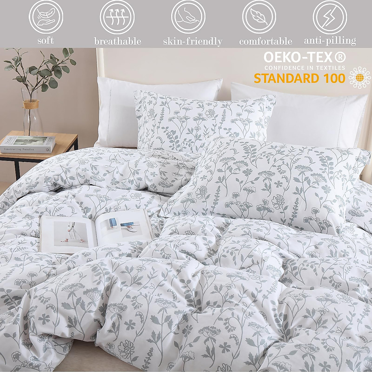 CozyQQ Cotton Duvet Cover King - 100% Cotton 400TC Soft Lightweight Summer King Duvet Cover Set, 3 PCS Floral Bedding Set, 1 King Duvet Cover & 2 Pillow Shams (104"x90", No Comforter)