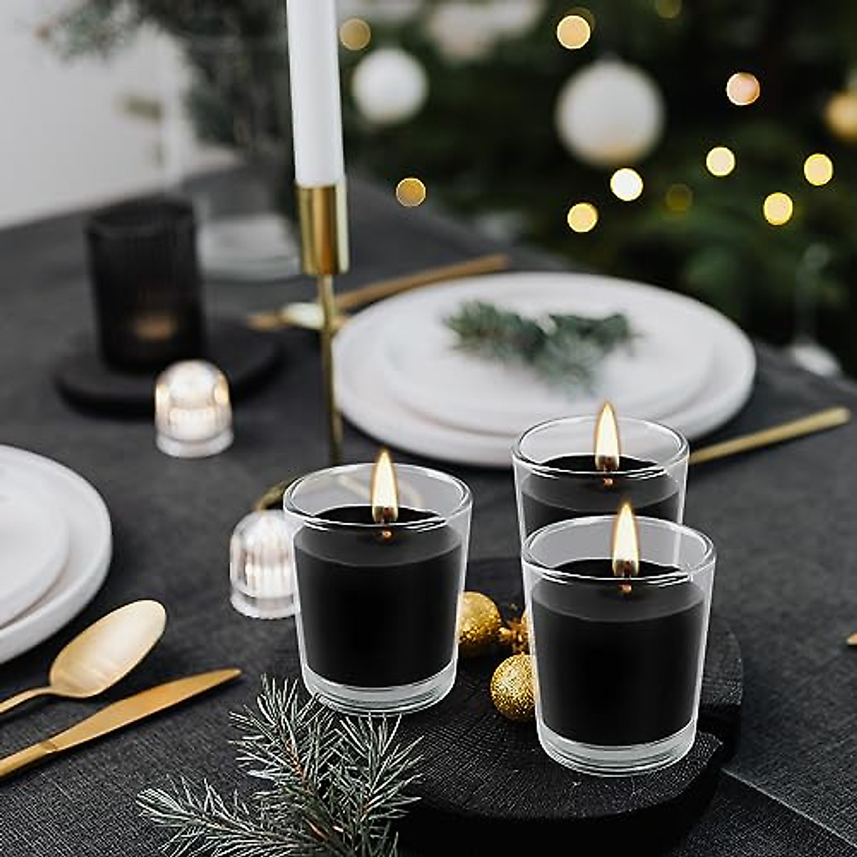 20 Pack Black Votive Candles in Clear Glass-Unscented Soy Wax Candles for Halloween Birthdays Wedding Dinner-Lasting Burn for 15 Hours