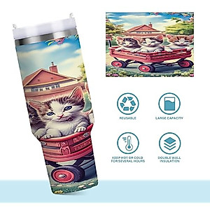 RPLIFE Kittens Wagon 40 Oz Tumbler, Stainless Steel Tumbler with Straw, Tumblers for Women