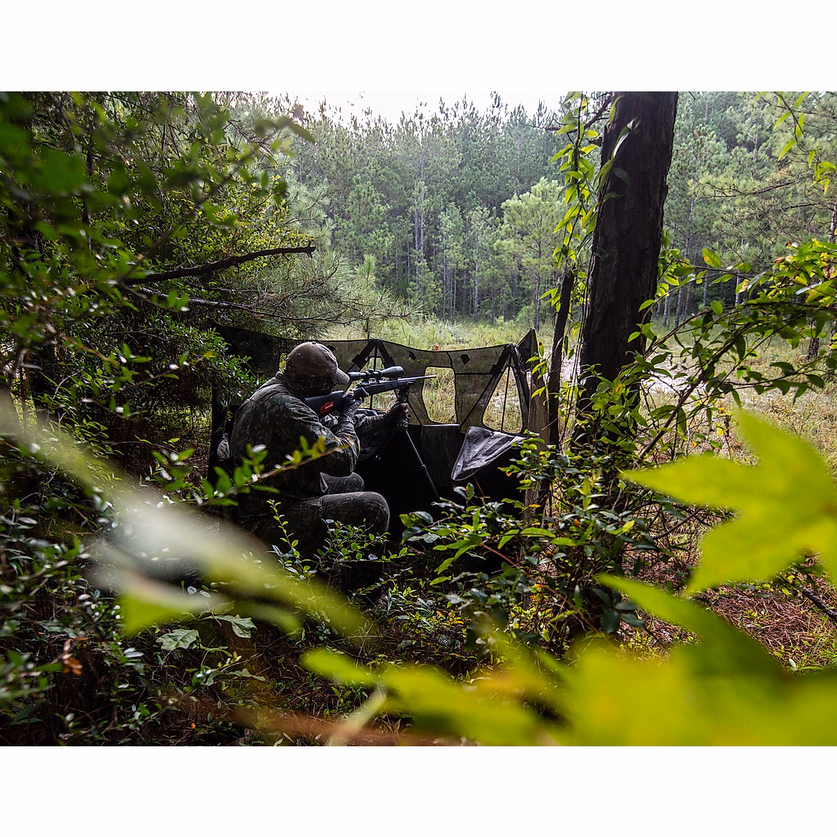 Primos Hunting DoubleBull 3-Panel Stakeout Blind with Surroundview 5 Shoot Through Ports in Mossy Oak Bottomland Camo 65165