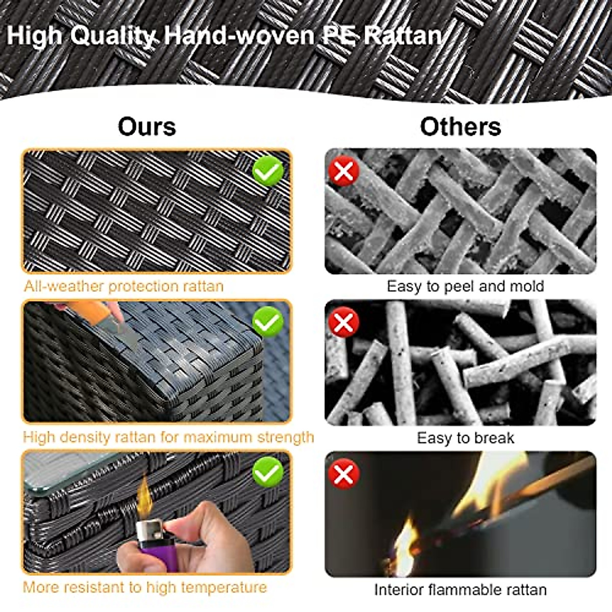 Kinfant Outdoor Patio Furniture Set Wicker Conversation Set - PE Rattan Sectional Sofa with Glass Table and Cushions for Garden Poolside Porch Balcony (Dark Blue)