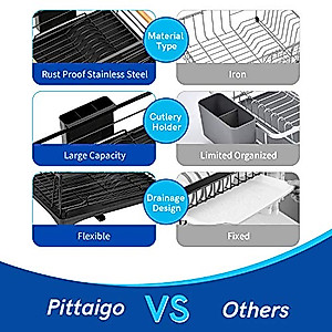 Flaovoth Dish Drying Rack, Dish Drainers for Kitchen Counter Dish Rack with Drying Drainboard and Utensil Holder, Rust-Proof Stainless Steel, Black, 16.65’’L x 11.93’’ W x 6.41’’H