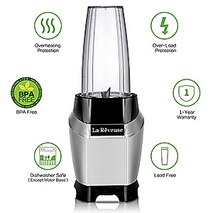 La Reveuse Personal Blender Making Shakes and Smoothies 1000 Watt with 24 oz BPA-free Portable Travel Bottle - Dishwasher Safe (Silver)