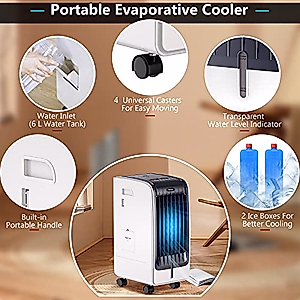 Generic Onnertune 3-IN-1 Evaporative Air Cooler, Portable Bladeless Cooler w/6L Water Tank, Quiet Operation, 8-hour Time Setting, Remote Control, Ultra-Quiet Electric Fan for Home, Office, Dorms
