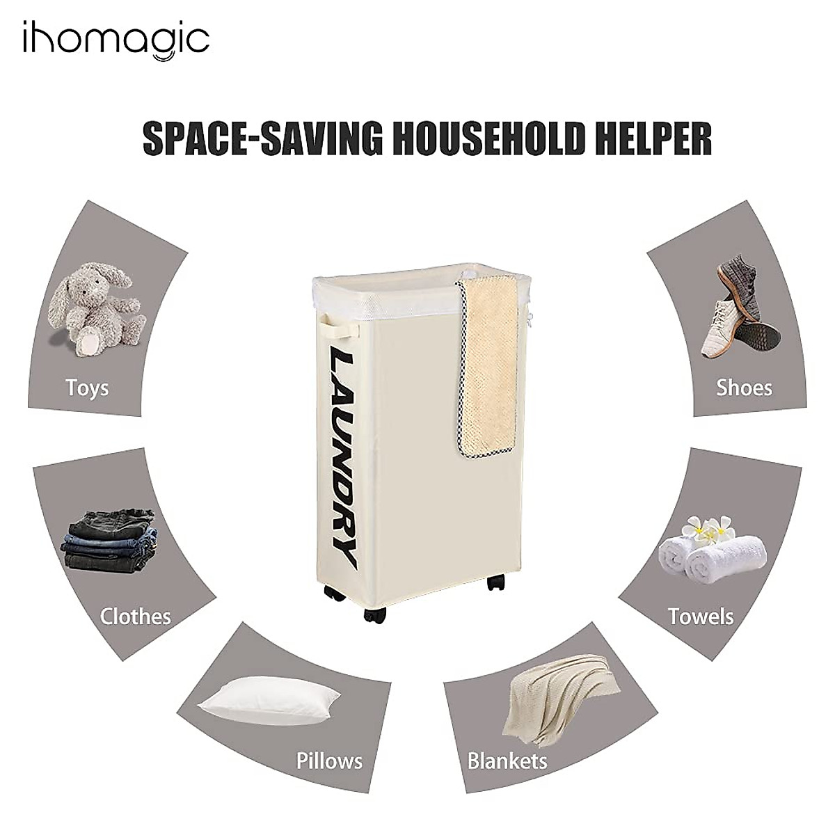 IHOMAGIC 62L Laundry Baskets on Wheels – Decorative Foldable Laundry Hamper with Removable Mesh Laundry Bags, Large Corner Storage Bins Handles for Storing Bedroom Clothes (Beige)