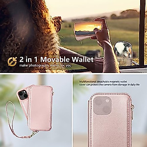 CIVICASE 2 in 1 Wallet Case for iPhone 13 / iPhone 14,Magnetic Detachable Flip Folio Phone Case,RFID Card Protection,6 Card Slots Zipper Pocket,Wireless Charging Compatible Magsafe [Rose Gold]