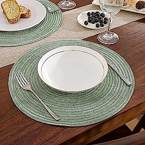 SHACOS Round Braided Placemats Set of 6 Two Tone Bicolor Woven Table Mats 15 inch Washable Dining Table Place Mats for Home Wedding Party, Sage Green White