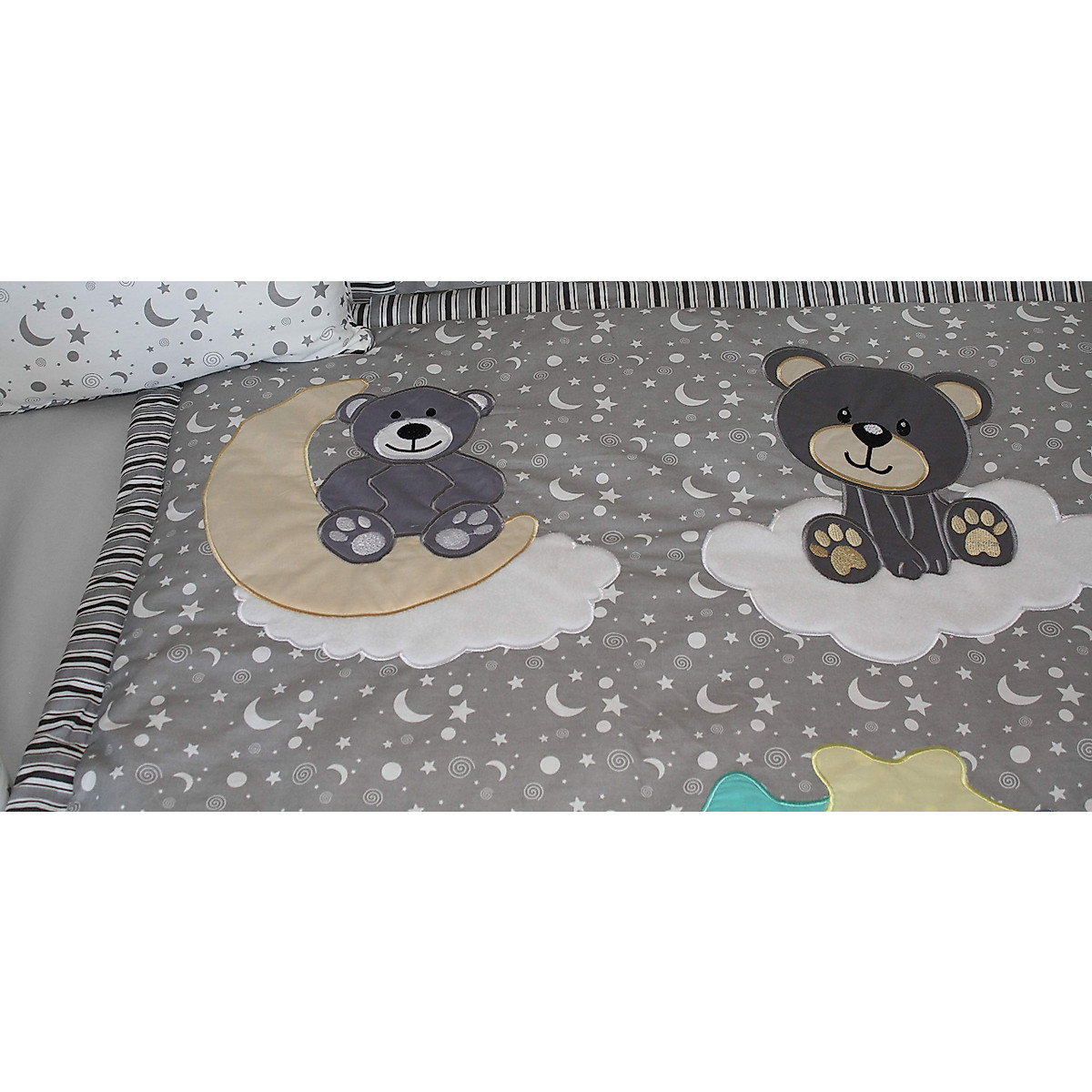 BabyFad Teddy Bear Grey with Stars, Moon and Cloud 100% Cotton Nursery for Baby Boys and Girls, Musical Mobile 9 Piece Crib Bedding Set