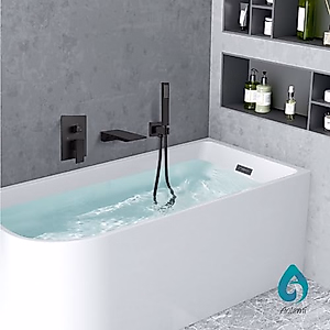 Aolemi Wall Mount Bathtub Faucet Wall Tub Filler Wall Mounted Tub Faucet 3.9" Waterfall Spout with Single Handle Metal Handheld Solid Brass Rough-in Valve,Matte Black