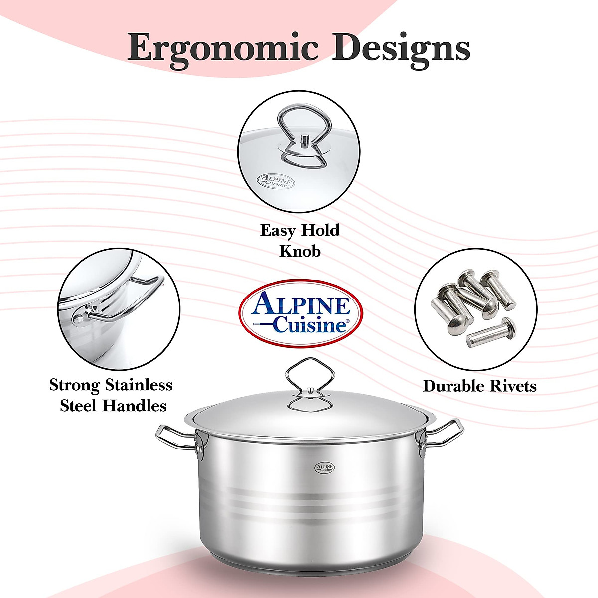 Alpine Cuisine 6.3-Quart Stainless Steel Dutch Oven with Lid & Easy Cool Handle, Food Grade Stainless Steel Heavy Duty, Commercial Grade Healthy Cookware kitchen Dutch oven, Dishwasher Safe