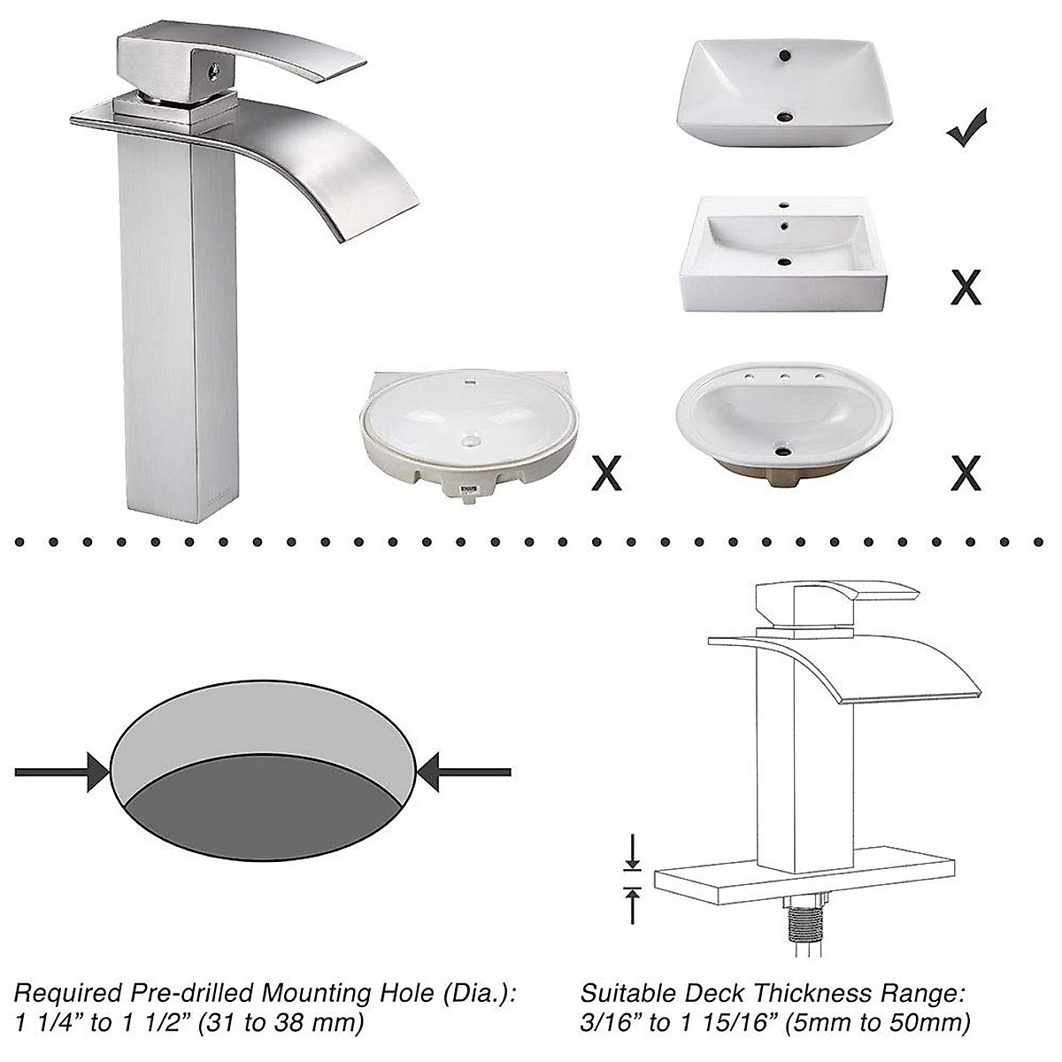 Aquaterior Waterfall Spout Single Handle Bathroom Vessel Sink Faucet with Mixer Tap One Hole Tall Bath RV Faucet Brushed Nickel(CUPC NSF CEC)