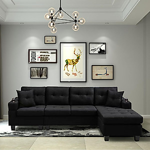 96" Sectional Sofa L-Shaped Couch with Chaise Lounge, Modern Corner Sofa Couch with Cup Holder and Pillows, 4-seat Sectional Sofa Cloud Couches for Living Room Apartment Office, Black