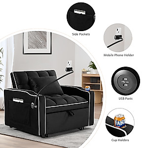 Setawix Convertible Chair Bed Sleeper, Tufted Velvet Pull Out Sleeper Chair with USB Ports & Phone Holder, Adjustable Armchair with Cup Holder Single Sofa Chair for Living Room Bedroom, Black
