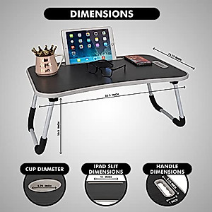 Folding Lap Desk for Bed and Sofa - Portable Wide Surface Bed Desk with Built-in Cup Holder and Tablet or Phone Slot for Working, Studying, Eating, and Watching Movies (Dark Grey)