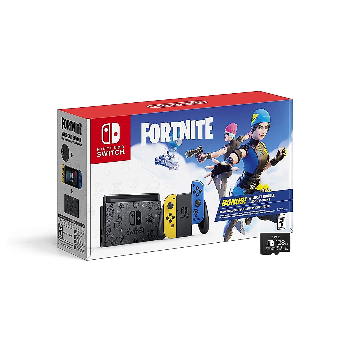 Nintendo Switch Wildcat Bundle - Holiday Family Set Fort nite Special Edition 32GB Console - Yellow and Blue Joy-Con - 6.2" Touchscreen LCD, 2000 V Bucks, TWE 128GB Micro SD Card (Renewed)