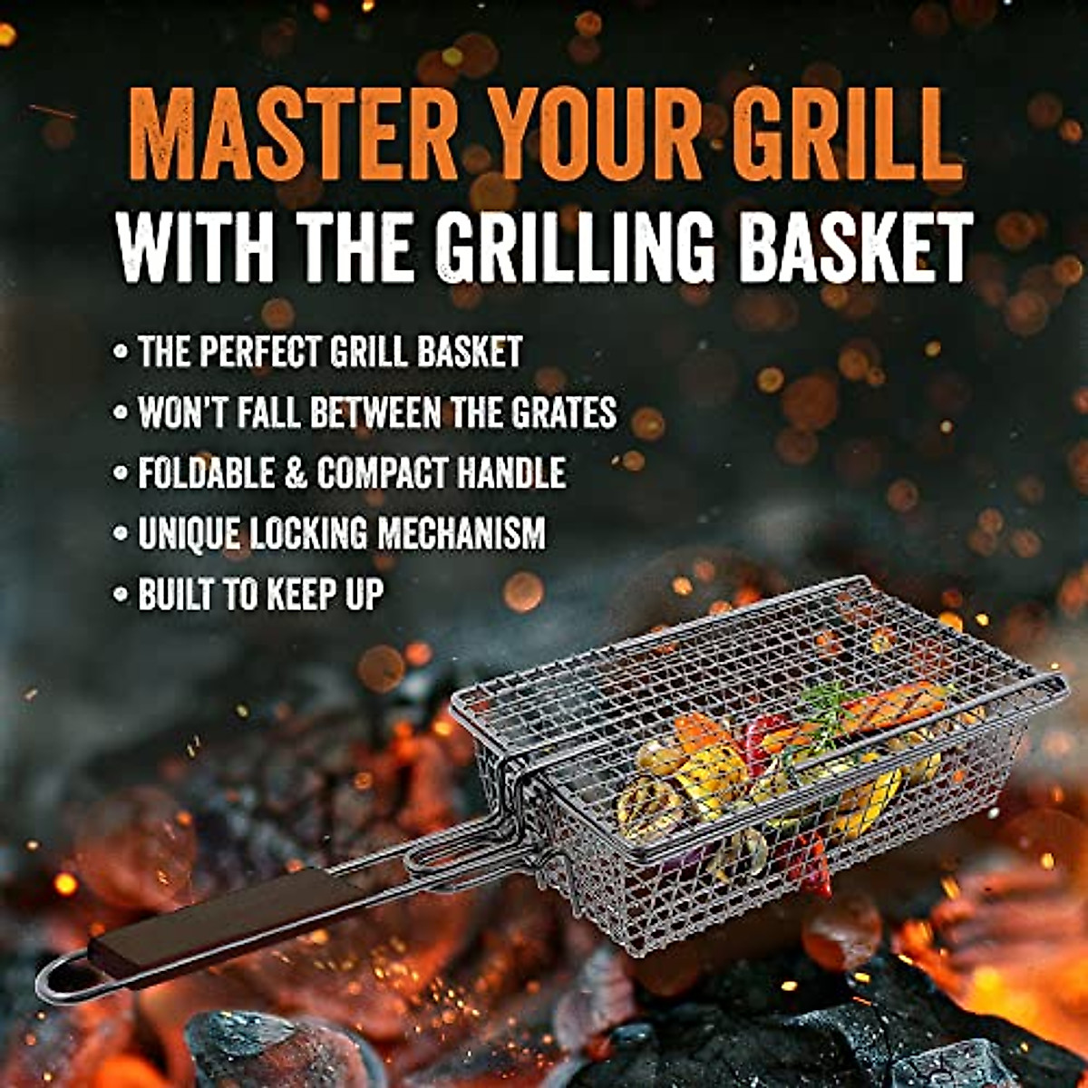 Yukon Glory Premium Grilling Basket, Designed Grill Vegetables, Seafood, Poultry and Meats, Unique Locking Mechanism to Easily Flip Food, Foldable Handle for Compact Storage