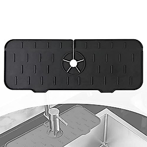 IEUSEW Silicone Faucet Mat, Silicone Faucet Handle Drip Catcher Tray, Faucet Water Catcher Mat, Silicone Sink Splash Guard, Black