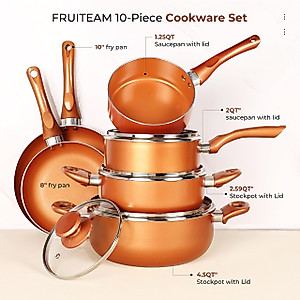 FRUITEAM 10pcs Cookware Set Ceramic Nonstick Soup Pot/Milk Pot/Frying Pans Set | Copper Aluminum Pan with Lid, Induction Gas Compatible, 1 Year Warranty Mothers Day Gifts for Wife…