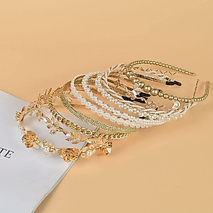 10 PCS Pearls Headband, Rhinestones, Gold Metal Headbands, White Hairbands Leaf Decor Metallic Butterfly Flower Chained Bridal Hair Hoop, Wedding Hair Accessories for Women Girls ¡­