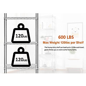 Devo 5-Tier Shelf Storage Shelves, Metal Shelves for Storage, Wire Shelving Unit, Adjustable Shelves Organizer for Garage, Pantry, Kitchen, Side Hooks, Black