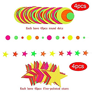 120Ft Neon Paper Garlands Circle Dots Stars Hanging Decorations Neon Party Supplies Glow in The Dark Party Supplies for Birthday Wedding Glow Party Decorations