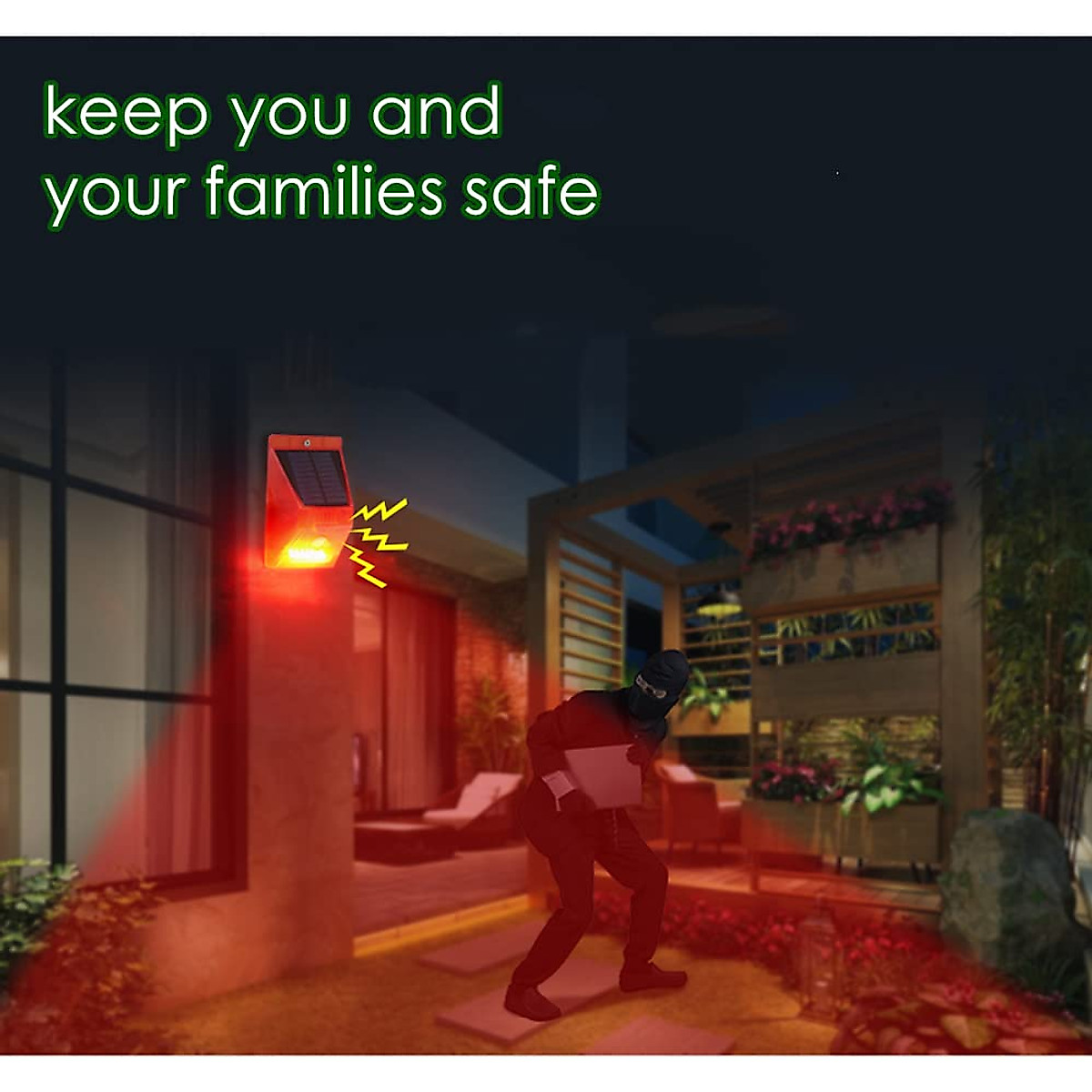 HULPPRE Solar Outdoor Motion Sensor Alarm-129db Loud Siren Lamp Noise Maker, 4 Working Modes Strobe Light with Remote,Say Goodbye to The Unwanted Explorers