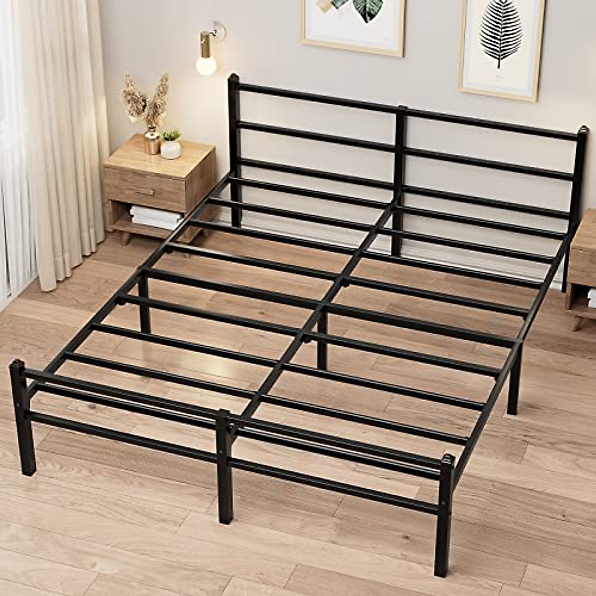 GreenForest King Size Bed Frame with Headboard Easy Assemble, 14 inch Heavy Duty Metal Platform Bed Base with Storage No Box Spring Needed Mattress Foundation, Noise Free, Black