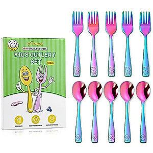 10 Pack Toddler Utensils, Stainless Steel Rainbow Silverware Set for Kids, Children Safe Cutlery Set Includes Forks and Spoons - Dishwasher Safe