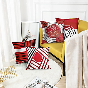 Emvency Boho Set of 4 Throw Pillow Covers Mid Century Bohemian Red Black Abstract Geometric Decorative Pillow Cases Home Decor Standard Square 18x18 Inches Pillowcases