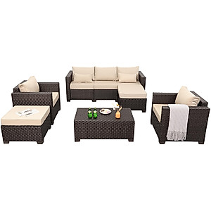 Rattan Star 6 Pieces Patio Outdoor Furniture Outdoor Conversation Sets Wicker Sofa Set with Outdoor Couch Patio Chairs Storage Coffee Table Khaki Cushions Waterproof Covers