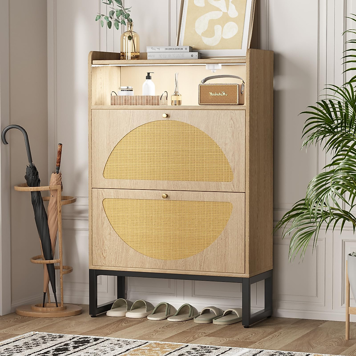 FiveWillowise Shoe Storage Cabinet, Shoe Cabinet with 2 Flip Drawers & Sensor Light, Entryway Slim Shoe Cabinet with Metal Frame, Hidden Shoe Qrganizer for Entrance/Hallway, Natural