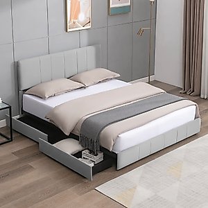 ZAFLY Platform California King Size Bed Frame with Adjustable Headboard,Upholstered Cal King Bed Frame with 4 Storage Drawers,Wooden Slats Support,No Box Spring Needed,Easy Assembly (Light Grey)