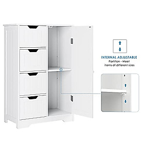 FOTOSOK Bathroom Floor Cabinet, Freestanding Storage Cabinet with 4 Drawers & 1 Cupboard, Adjustable Shelf for Bathroom Entryway Living Room, White