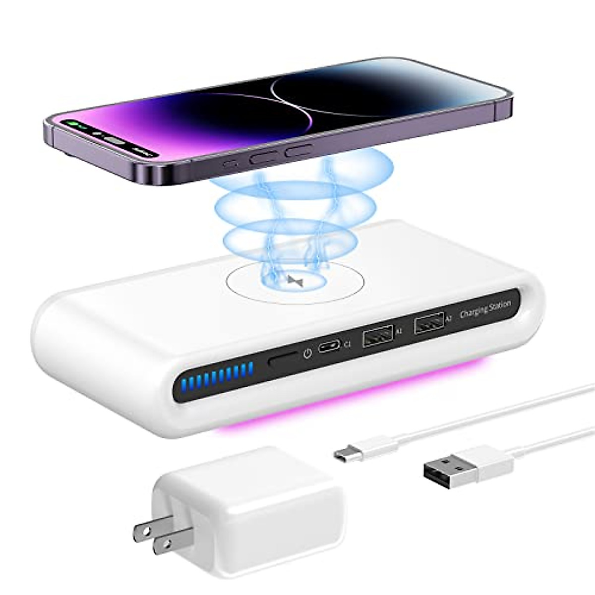 USB C Fast Charger, 4 in 1 30W Charging Station for Multiple Devices, Wireless Charger for Samsung Galaxy Phone, Watch/iPhone 14/13/12/11 Series, 3 Ports USB Hub with 7 Color Ambient Light