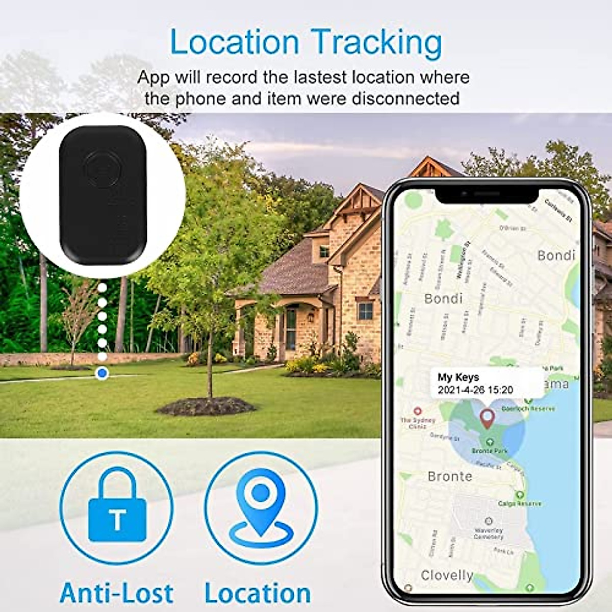 Portable Bluetooth 5.0 Tracker Smart Anti-Lost Real Time Mini Tracking Locator Item Finder Device for Keys Wallets Luggages Bags Kids Pets Black