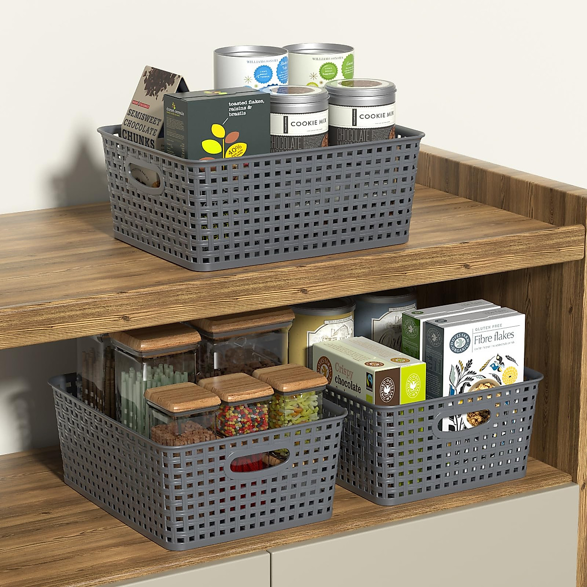 Kekow 4-Pack Gray Plastic Storage Basket, Pantry Woven Plastic Storage Basket